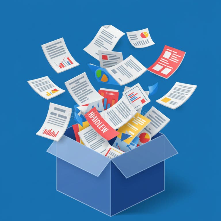 A Digital Illustration of a Blue Box Overflowing with Various Documents ...