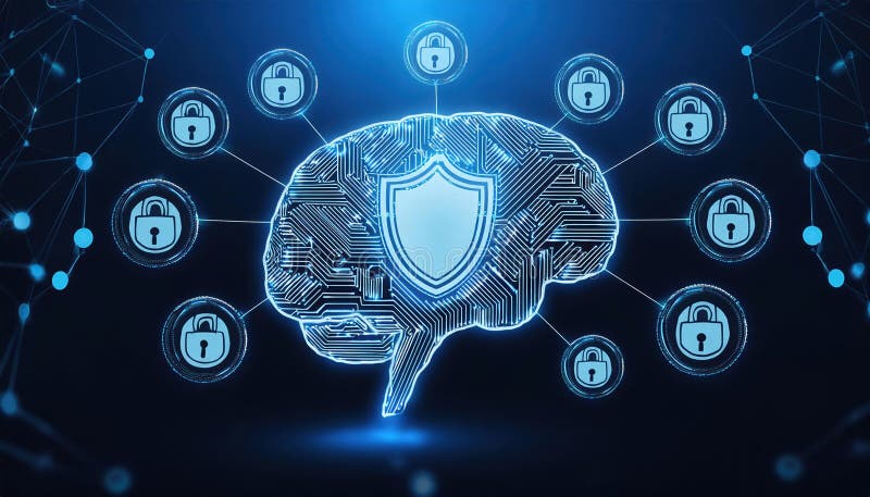 Digital Illustration of a Brain with a Shield, Surrounded by Security ...