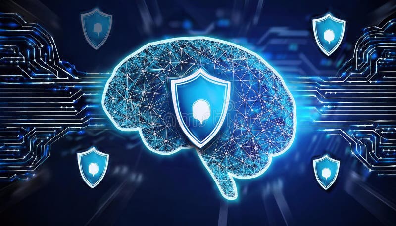 Digital Illustration of a Brain Surrounded by Shields, Symbolizing ...
