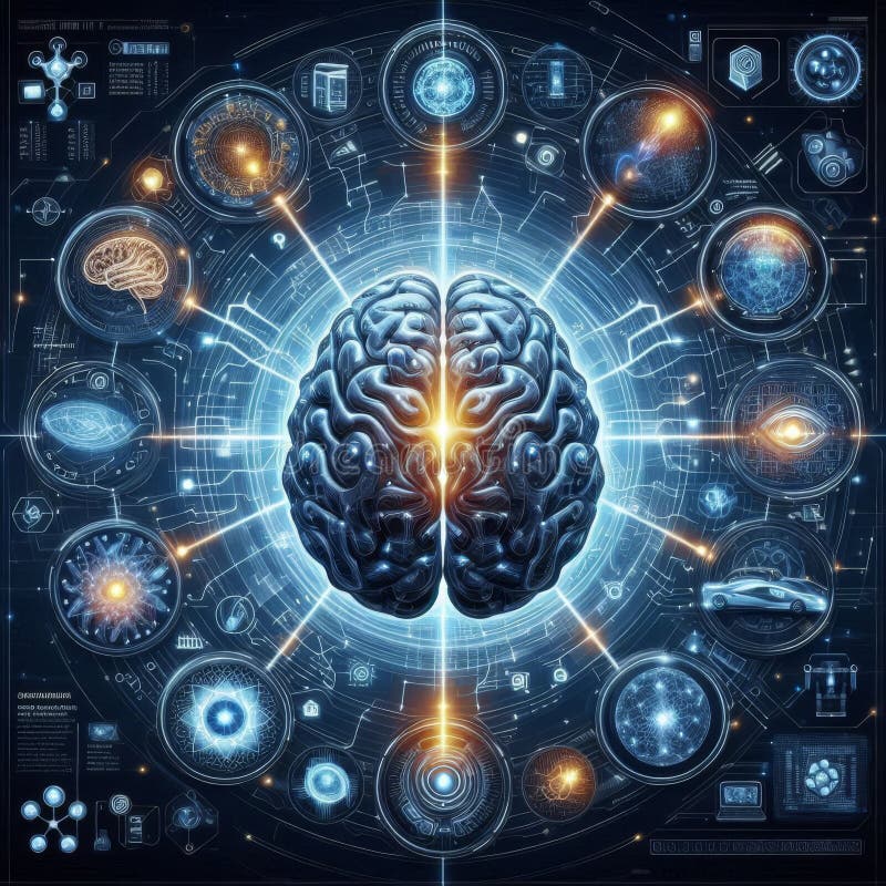 Digital Illustration of Brain Surrounded by Technology Icons Stock ...