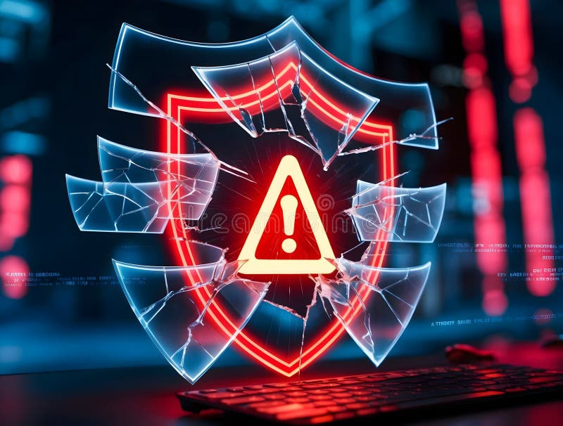 Cybersecurity Warning with Broken Shield Illustration Stock ...