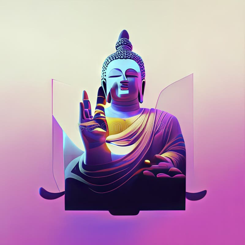 Digital Illustration of Buddha Statue with Computer Monitor on Gradient ...