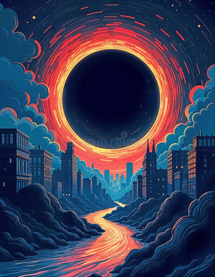 Surreal Cityscape with Fiery Wormhole and Reflective River Stock ...