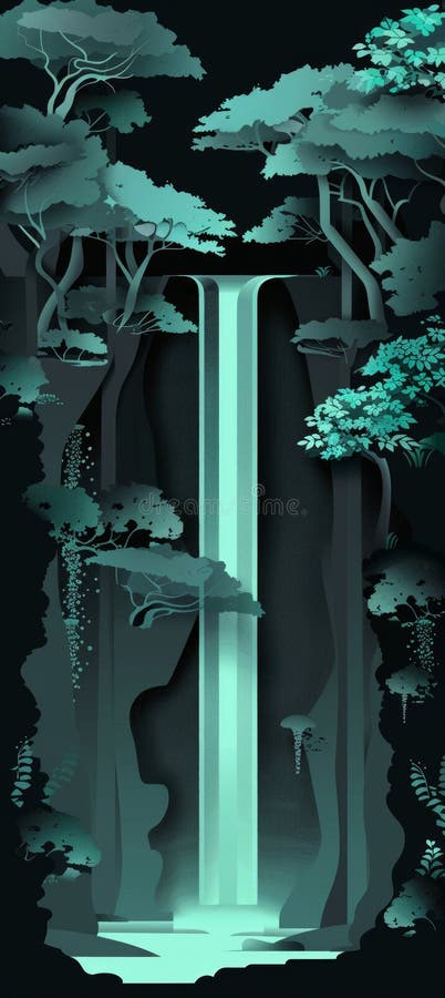 Digital Illustration of a Cascading Waterfall through a Forest, Created ...