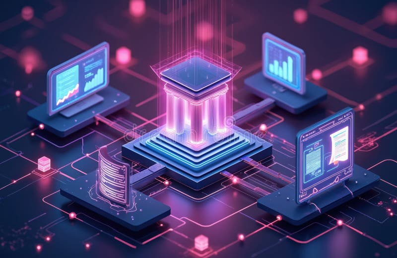 Digital Illustration of Centralized Data Hub Connecting Various Devices. Features Interconnected ...