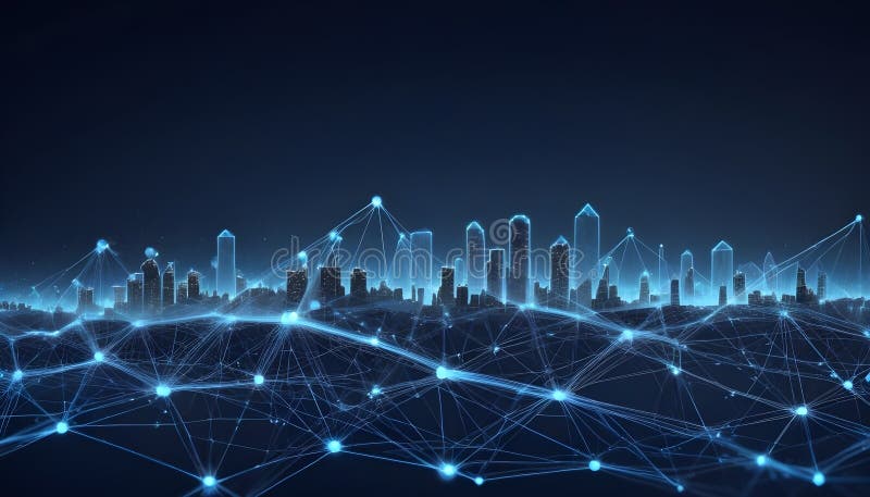 A Digital Illustration of a City Skyline with a Network of Blue Lines ...