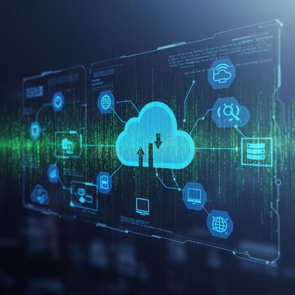 Digital Illustration of a Cloud Computing Interface. Central Blue Cloud ...