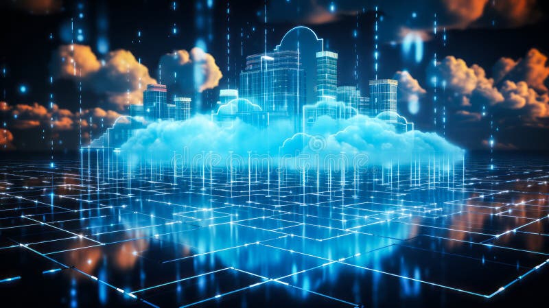 Digital Illustration of Cloud Computing Network with Glowing Blue Clouds and Data Streams on a ...