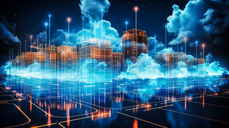 Digital Illustration of Cloud Computing Network with Glowing Blue ...