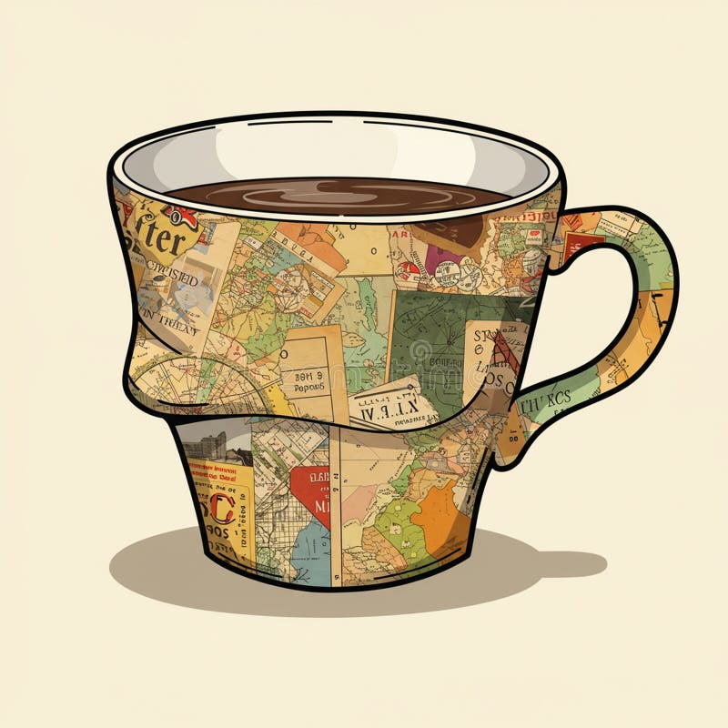 A Digital Illustration of a Coffee Cup Featuring an Eclectic Collage of ...
