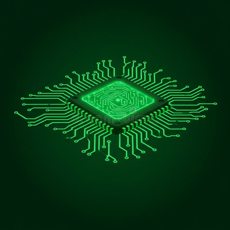 A Digital Illustration of a Computer Microchip with Glowing Green Lines ...