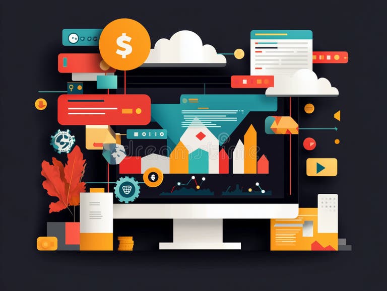 Digital Illustration of Computer Screen Displaying Data Analytics and ...