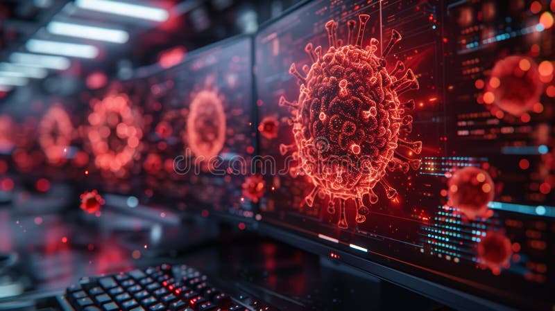 Digital Illustration of a Computer Virus Displayed on Multiple Screens ...