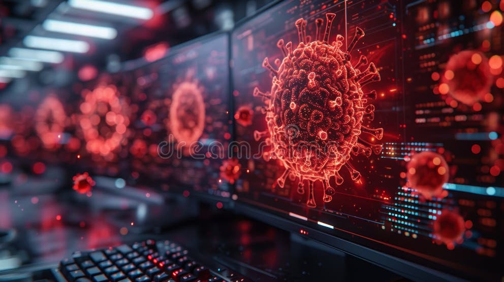 Digital Illustration of a Computer Virus Displayed on Multiple Screens ...