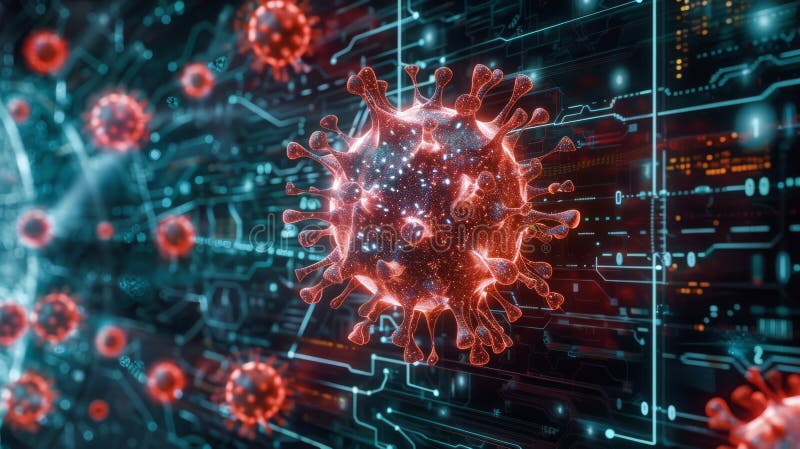 Computer Virus in Red with Circuit Board Background. Cybersecurity ...