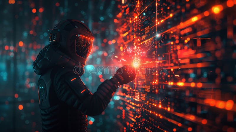 Digital Illustration of a Cyber Warrior Finding an Exploit within a ...