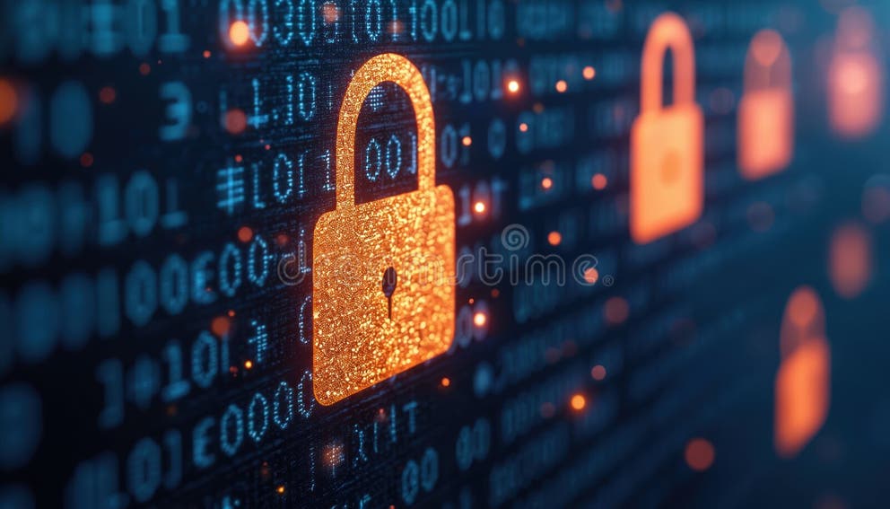 Digital Illustration Cybersecurity, Data Protection. Lock Icon, Binary Code, Glowing Particles ...