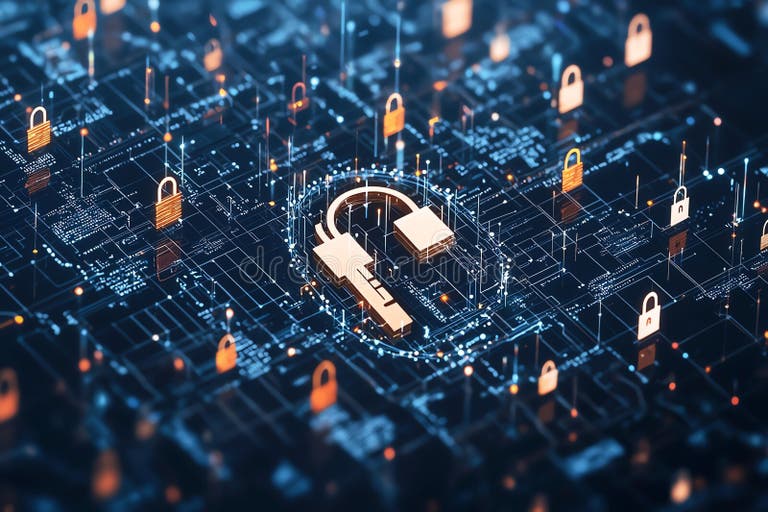 A Digital Illustration of Cybersecurity, Featuring a Central Unlocked ...