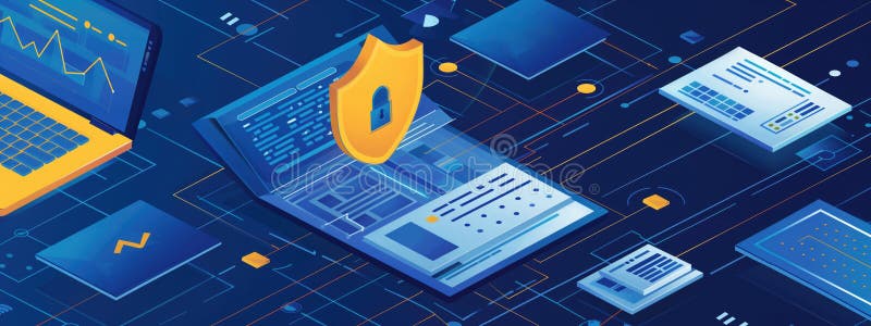 Digital Illustration of Cybersecurity Shield Protecting Data on a ...