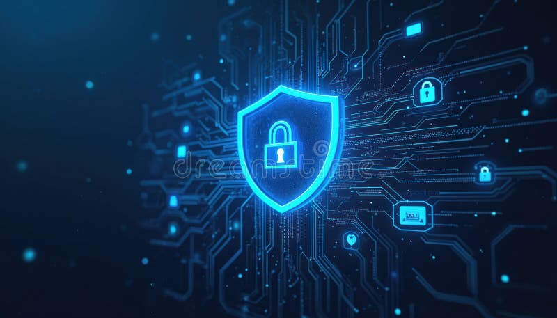 Digital Illustration Cybersecurity Zero Trust Endpoint Security Architecture Concept. Glowing ...