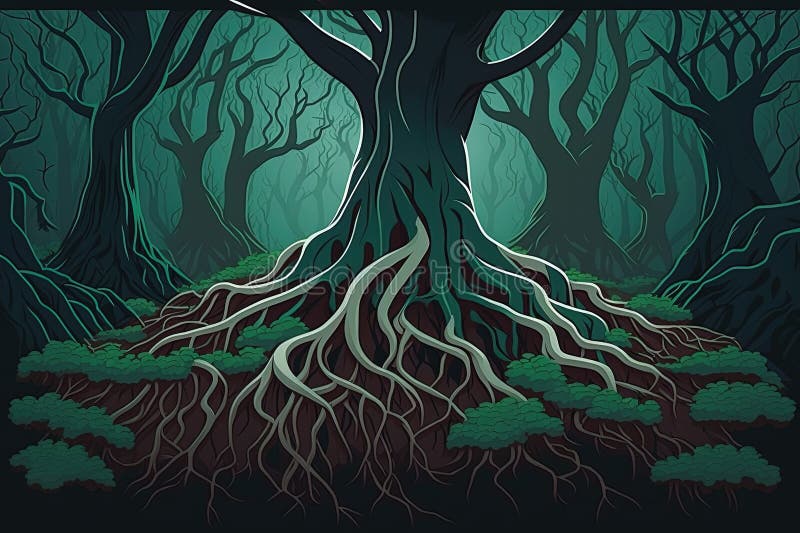 Digital Illustration of a Dark, Creepy Forest with Entangled Tree Roots ...