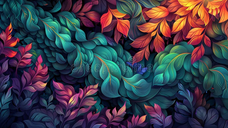 Digital Illustration of a Dense Pattern of Stylized Leaves in a Vibrant ...