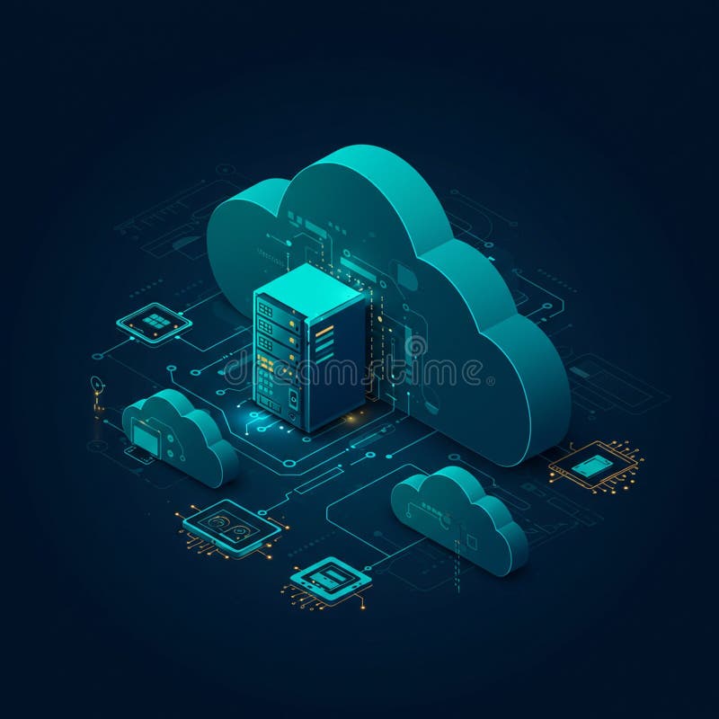 A Digital Illustration Depicting Cloud Computing Infrastructure. Central To the Image is Stock ...