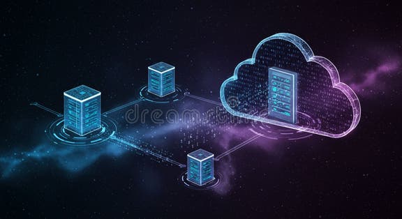 Digital Illustration Depicting a Cloud Computing Network. Three Server Racks are Stock ...
