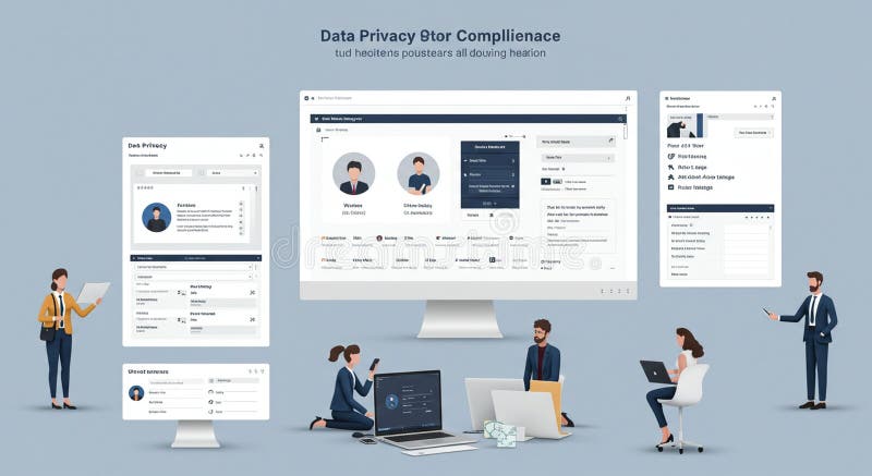 A Digital Illustration Depicting a Data Privacy Dashboard on Several Screens, Featuring Stock ...