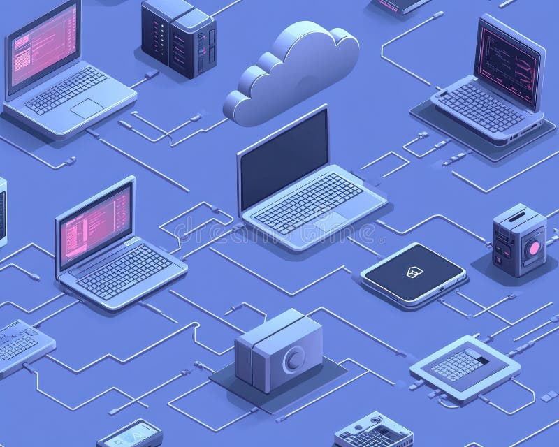 Networking Devices with Laptops, Servers, and Cloud Connections in ...