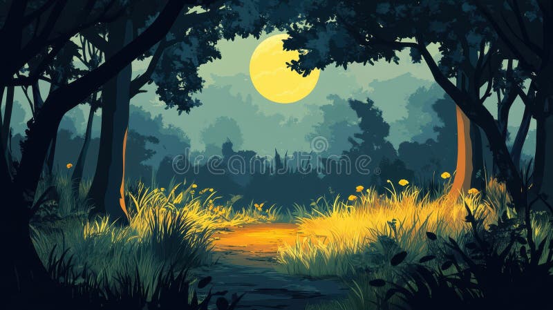 Moonlit Forest Path Illuminates Evening Grass Stock Illustration ...