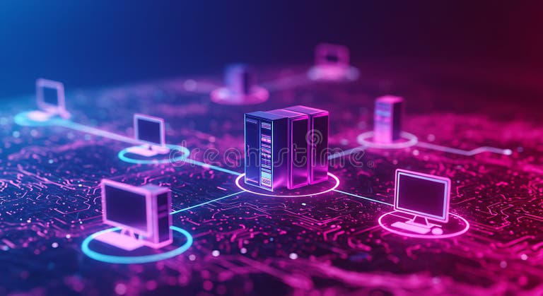 A Digital Illustration Depicting a Network with a Central Server ...