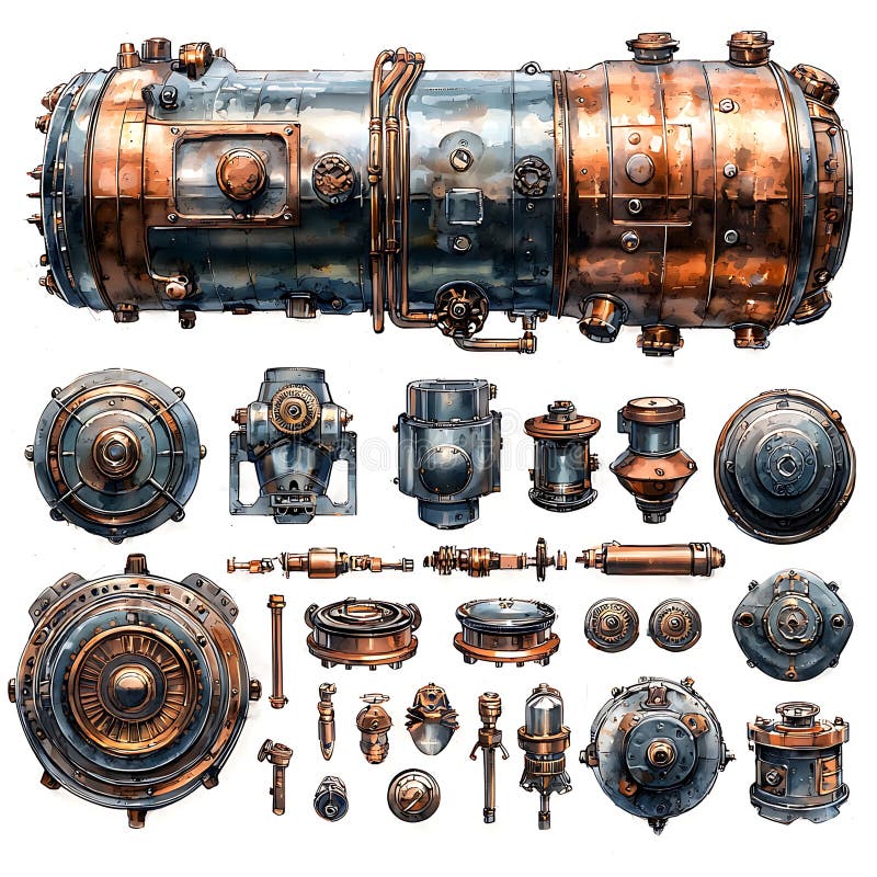 Detailed Illustration of a Steampunk Engine with Various Components ...