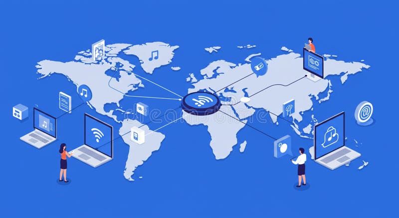 A Digital Illustration Depicts a Global Network, Featuring a World Map ...