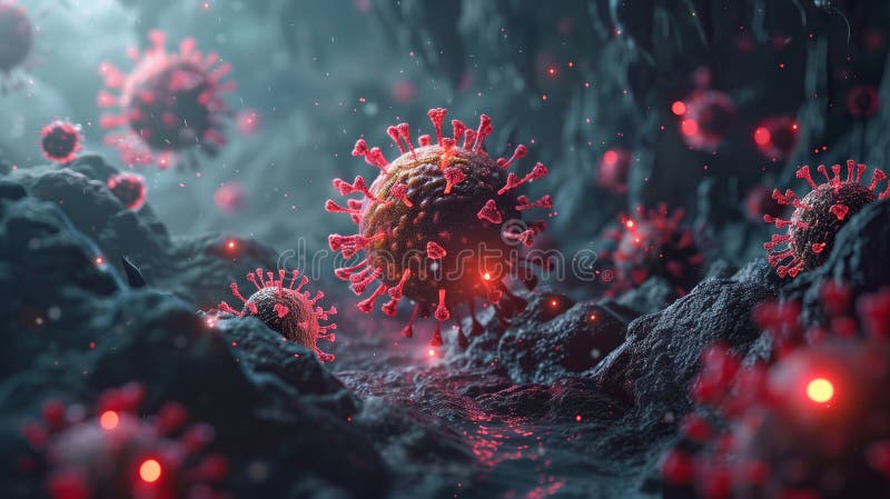 Microscopic View of Coronavirus Particles on a Dark Surface Stock Image ...