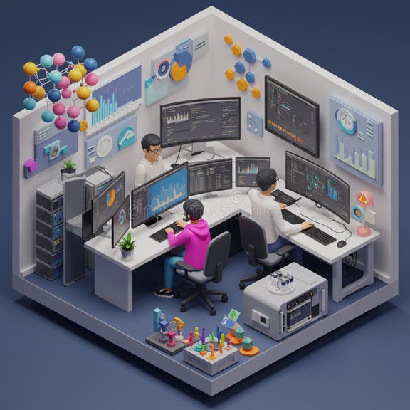 A Digital Illustration Depicts a Modern Tech Workspace with Three ...