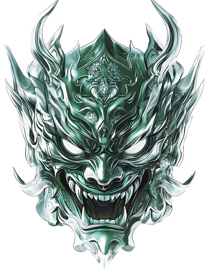 Metallic Green Oni Mask with Sharp Teeth and Horns Stock Illustration ...