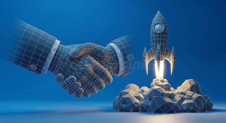 A Digital Illustration Depicts a Rocket Launching from a Rocky Platform ...