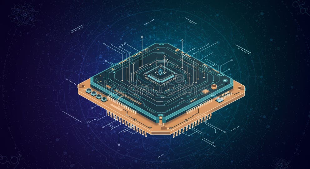 A Digital Illustration Depicts a Stylized Microchip or CPU with ...