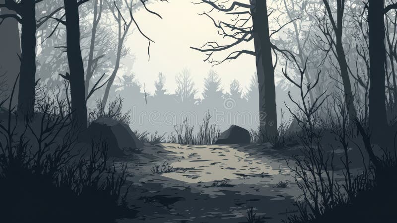A Misty Forest Path Winds through Bare Trees Stock Illustration ...
