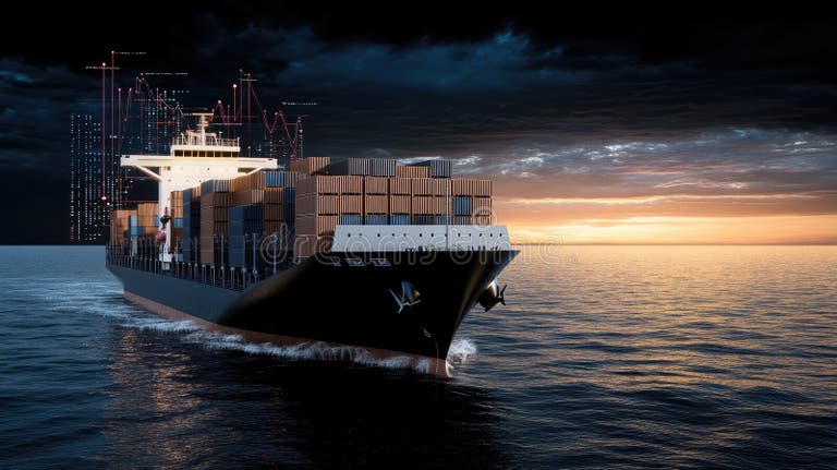 Digital Illustration Displays an Ocean Freight Ship Surrounded by ...