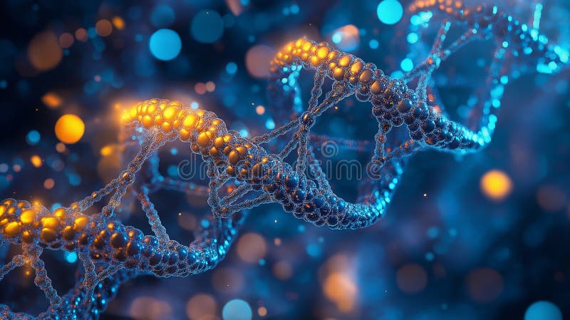 A Digital Illustration of a DNA Strand with Glowing Blue and Orange ...