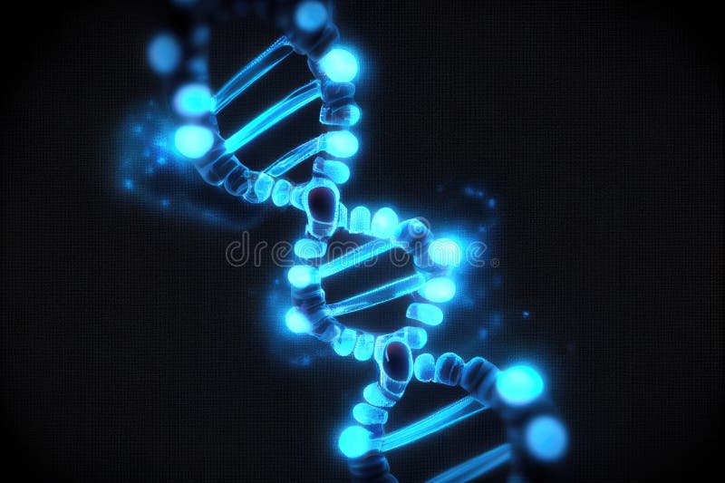 Digital Illustration DNA Structure in Blue Light on Black Background ...