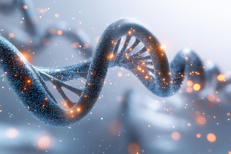 Digital Illustration DNA Structure with Glowing Particles. Science ...