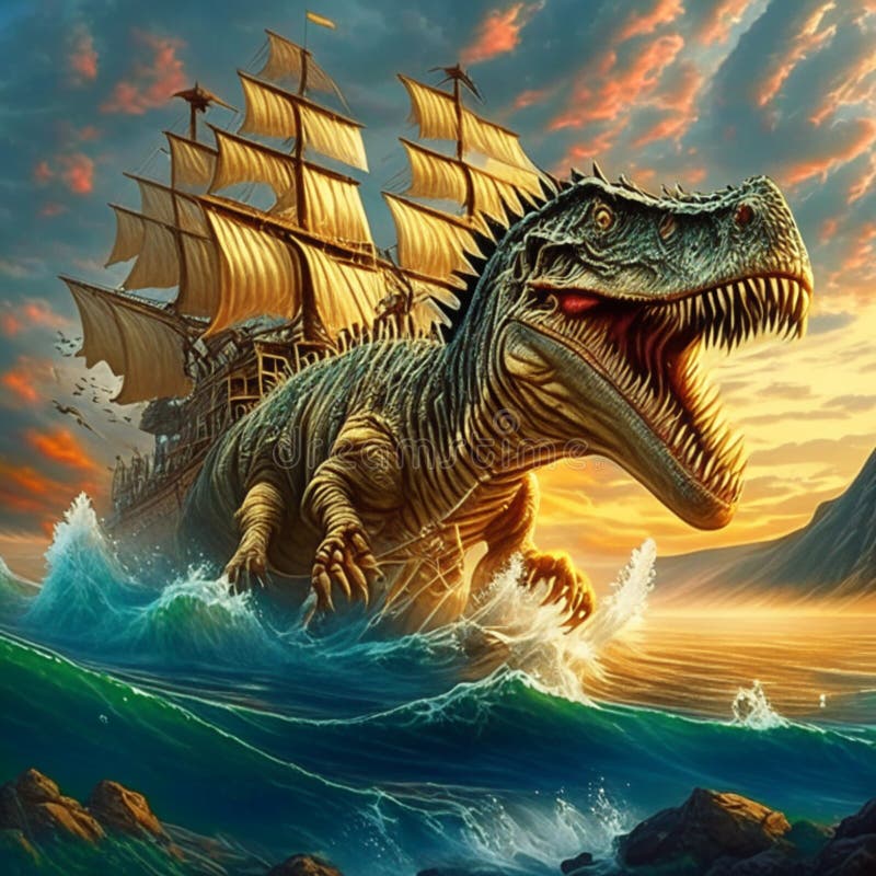 Digital Illustration of a Dragon in the Ocean with a Ship in the ...