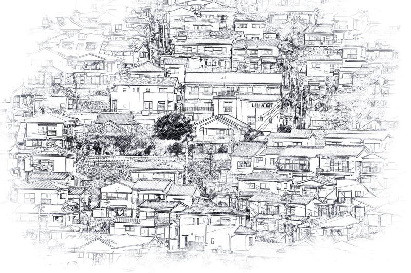 Digital Illustration in Draw, Sketch Style. Cityscape Architecture in ...