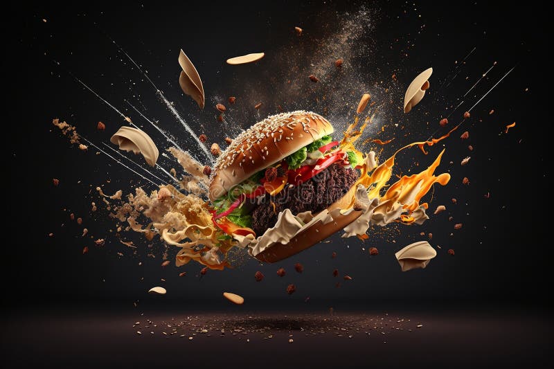 Digital Illustration of Exploding Fast Food on a Dark Background with a ...
