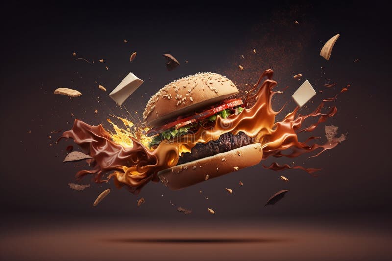 Digital Illustration of Exploding Fast Food on a Dark Background with a ...