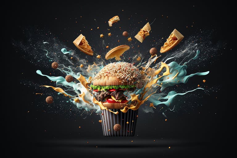 Digital Illustration of Exploding Fast Food on a Dark Background with a ...