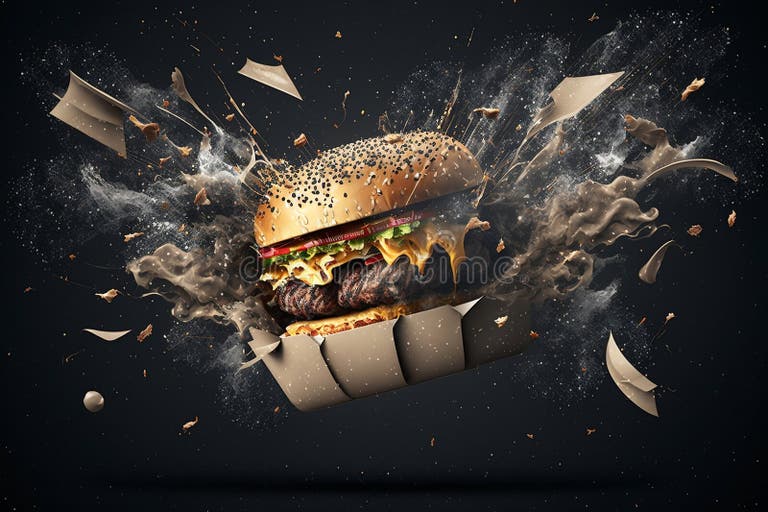 Digital Illustration of Exploding Fast Food on a Dark Background with a ...